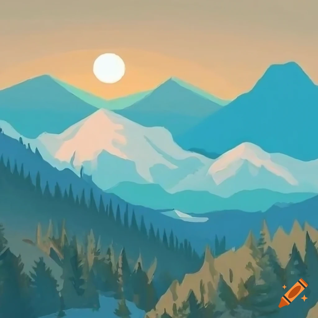 Pastel mountain landscape with snowy peaks and moonlight on Craiyon