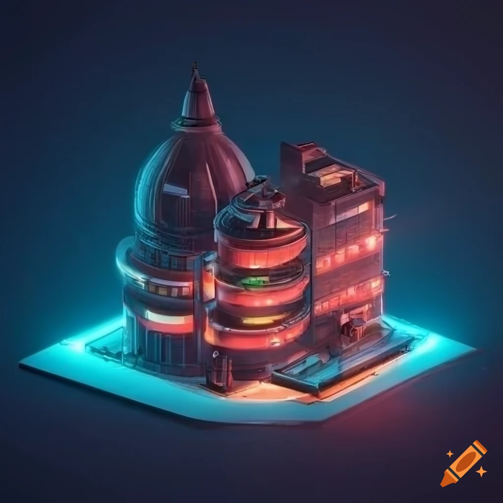 Hyper-realistic isometric view of a futuristic factory at night on Craiyon