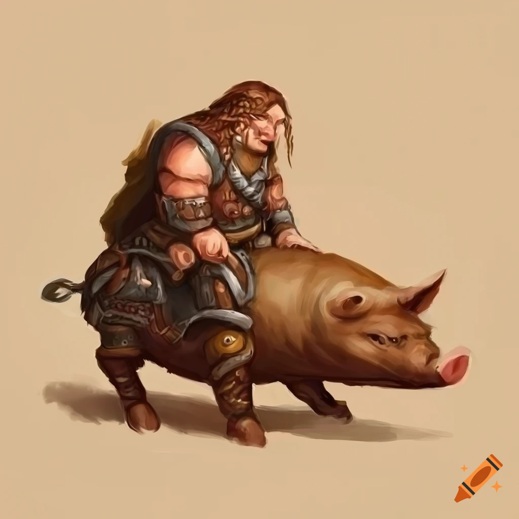 Fantasy artwork of a dwarf riding a pig on Craiyon