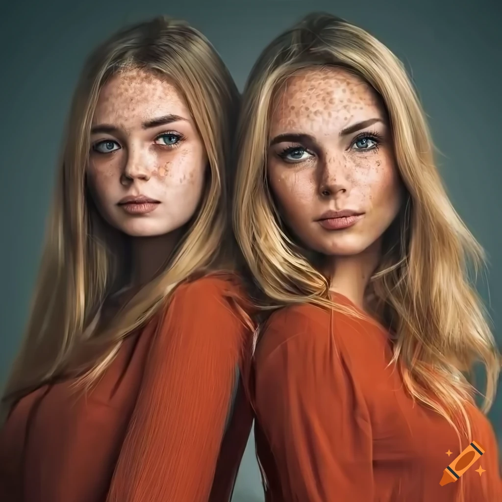 Portrait of two young women with freckles on Craiyon