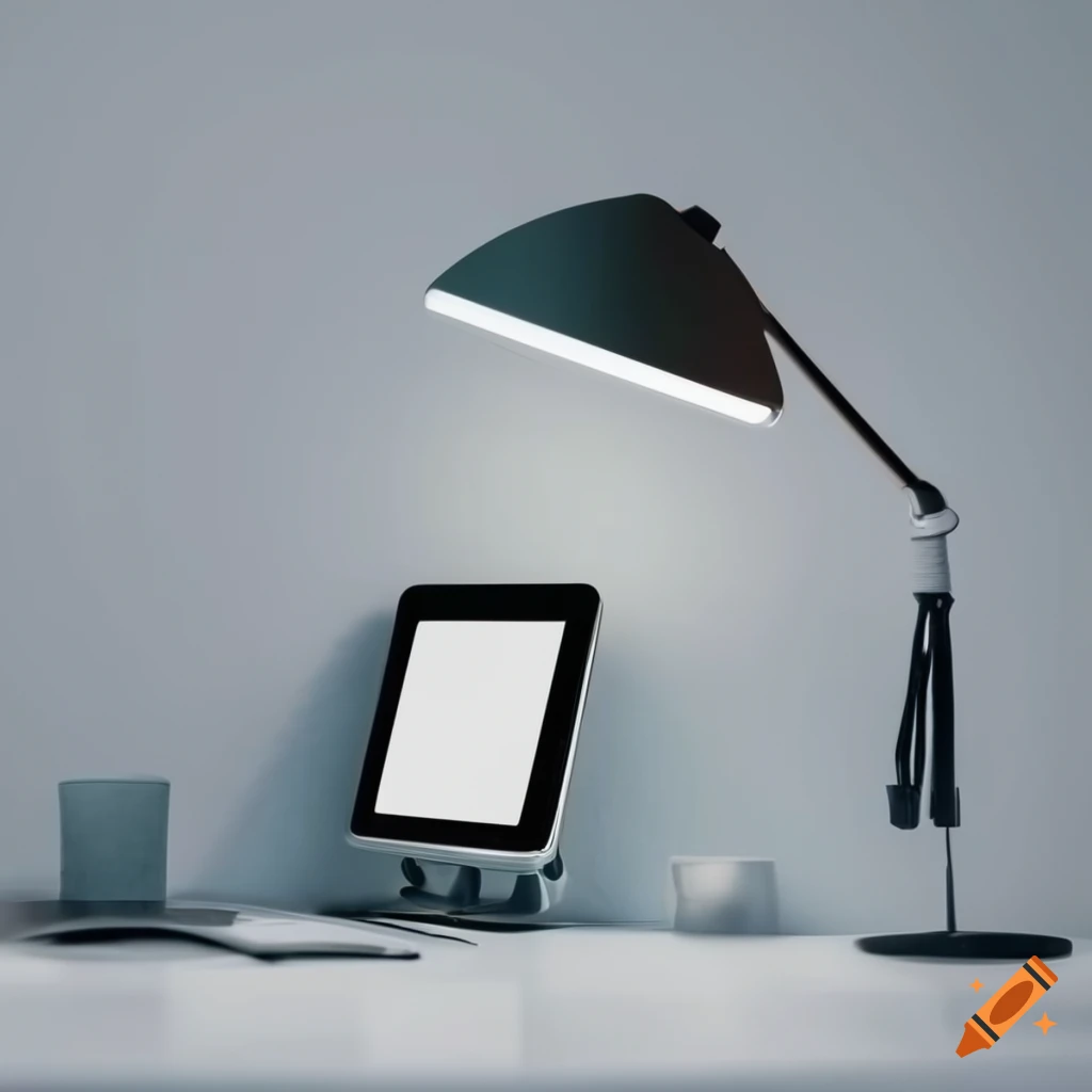 Clean and minimalist desk with tech gadgets, mirror, and lamp on Craiyon