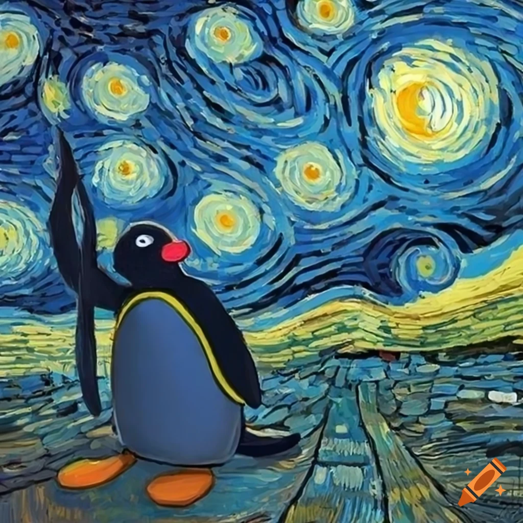 Pingu wearing a bucket hat in the style of van gogh on Craiyon