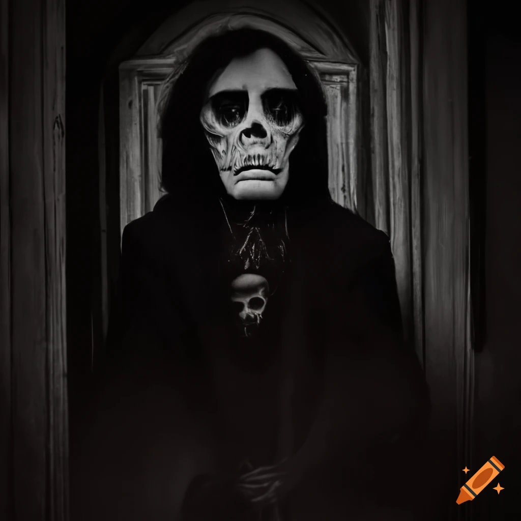 Black and white image of a spooky figure in front of an old house on ...