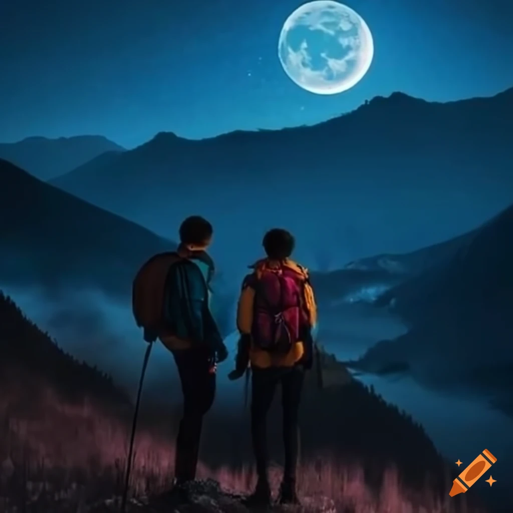 Two hikers enjoying moonlit night view on Craiyon