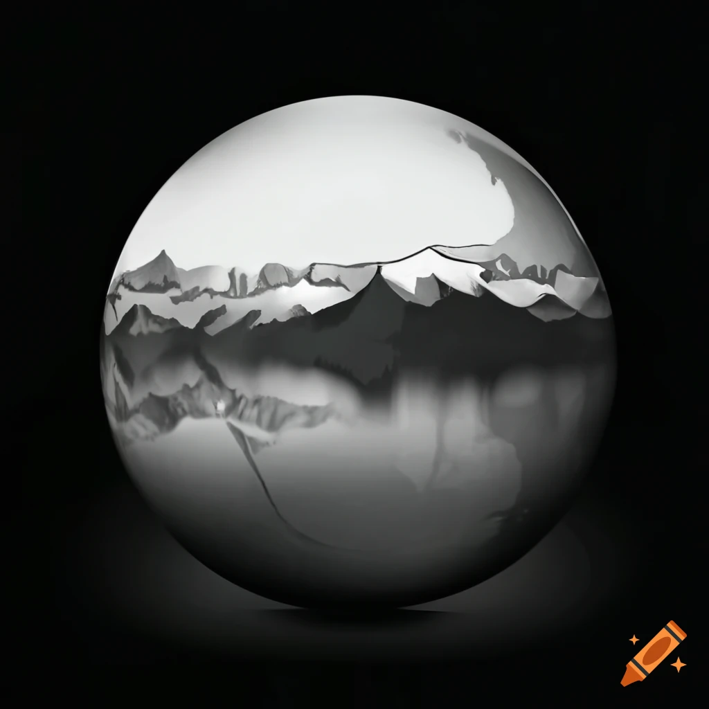 Silver sphere reflecting a mountain and lake on Craiyon