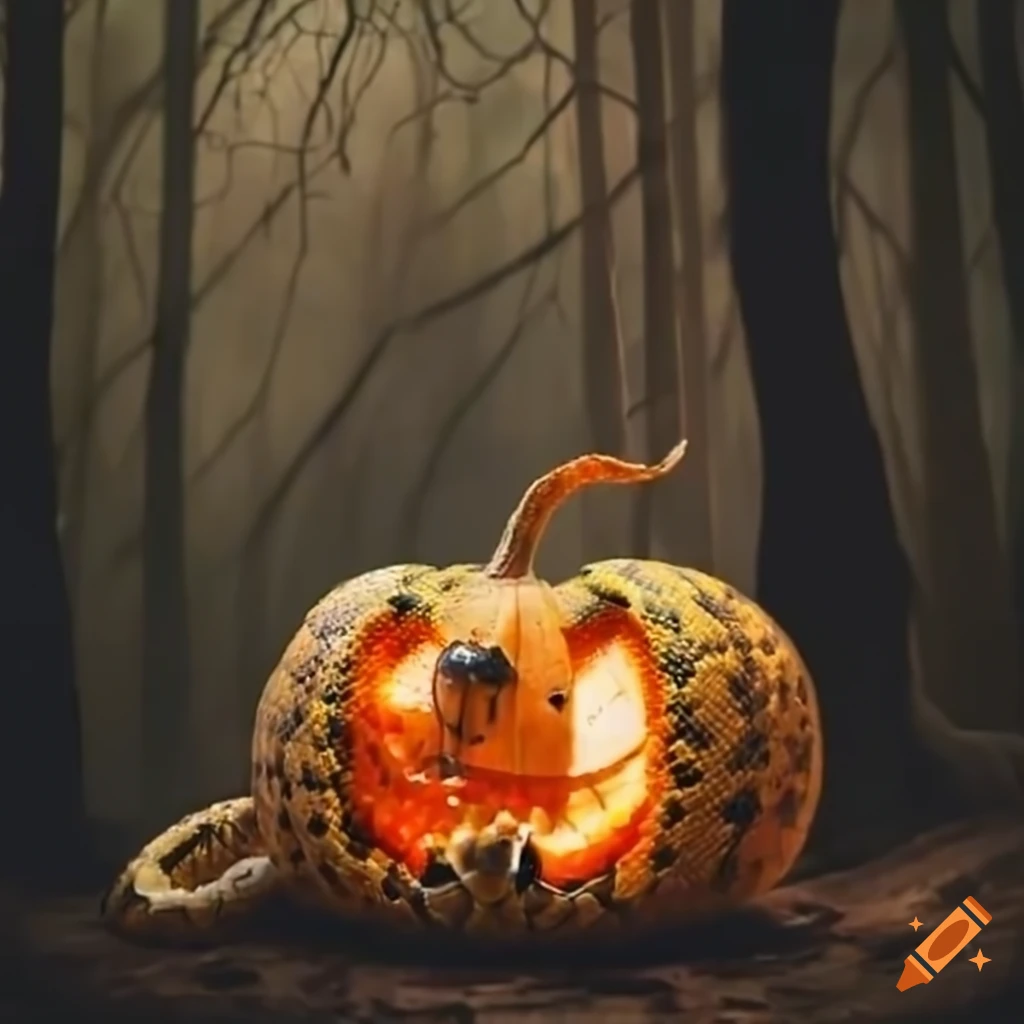 Python eating a pumpkin in a mysterious forest on Craiyon