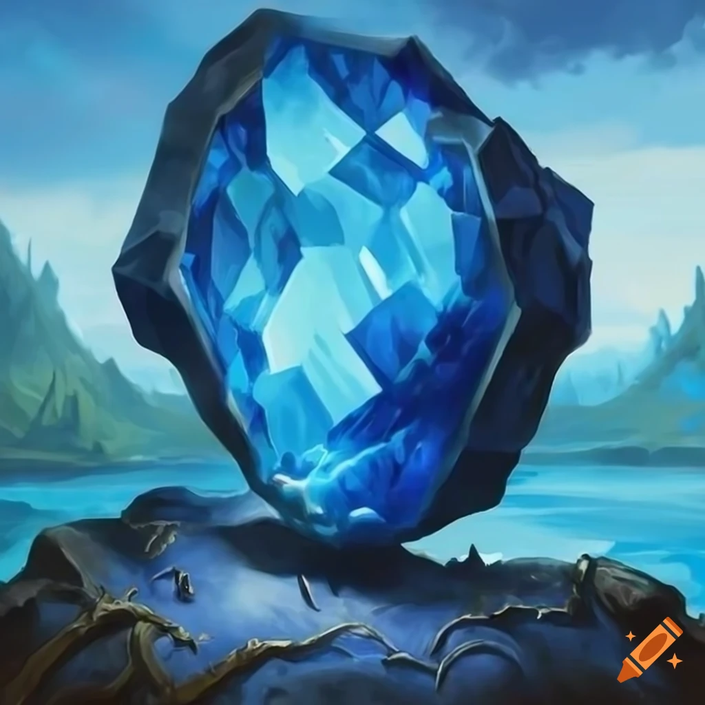 Epic landscape with a blue sapphire crystal on a rock on Craiyon