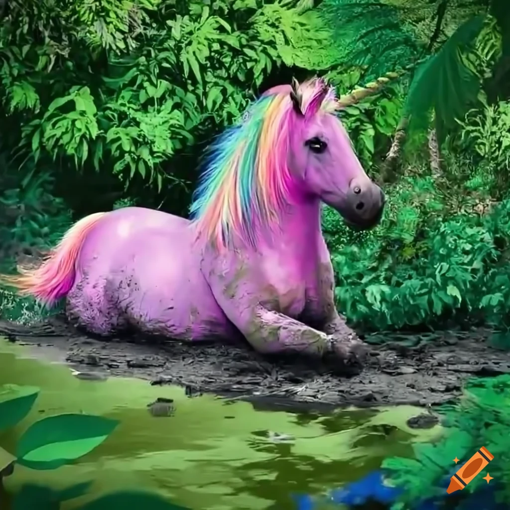 Realistic muddy pink unicorn in lush green jungle on Craiyon