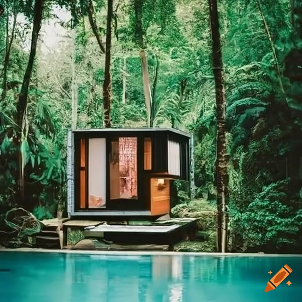 Container homes in a jungle with a pool on Craiyon