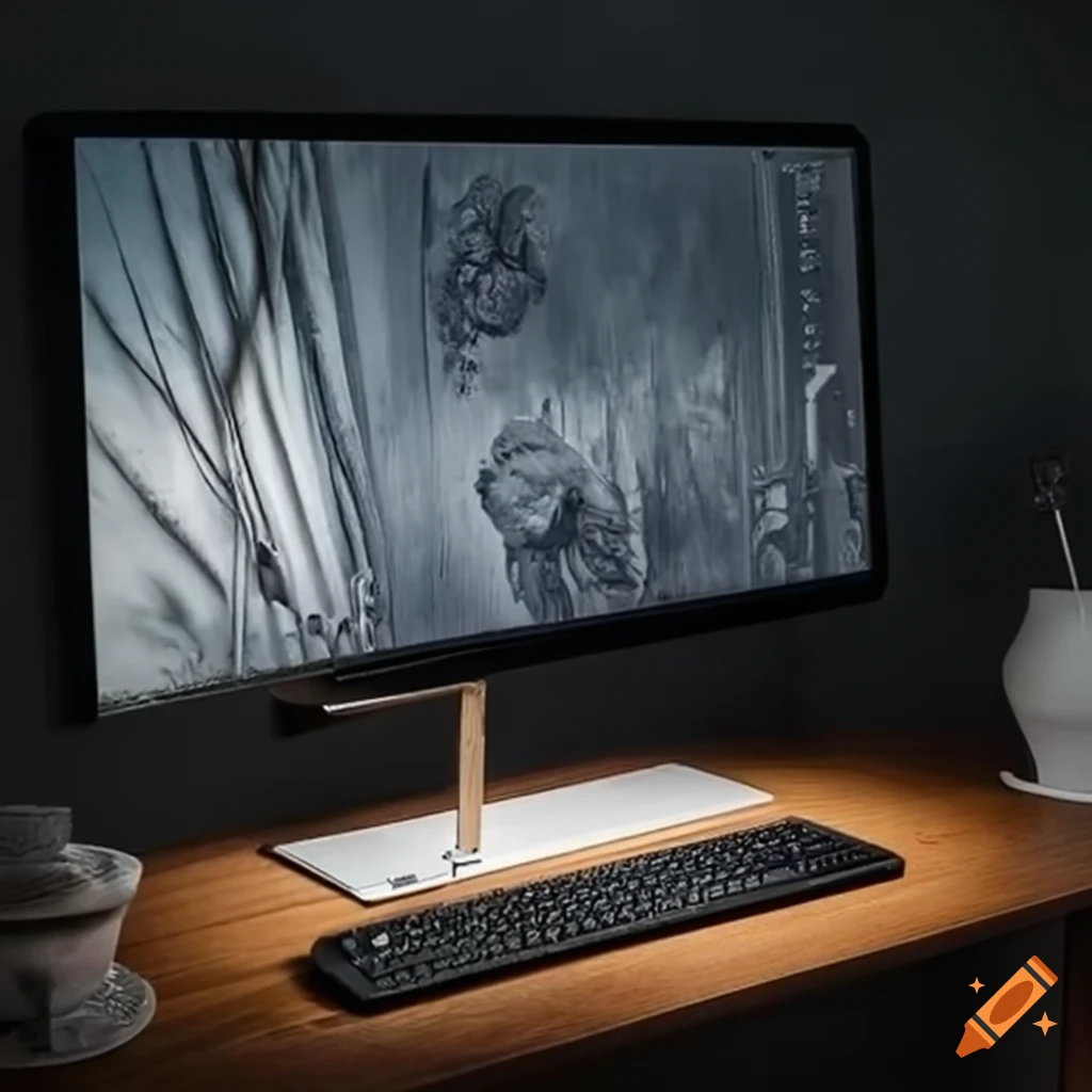 Realistic desk setup with wooden stand on Craiyon