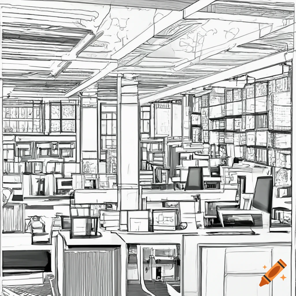 Line art coloring book illustration of a spacious office interior on ...