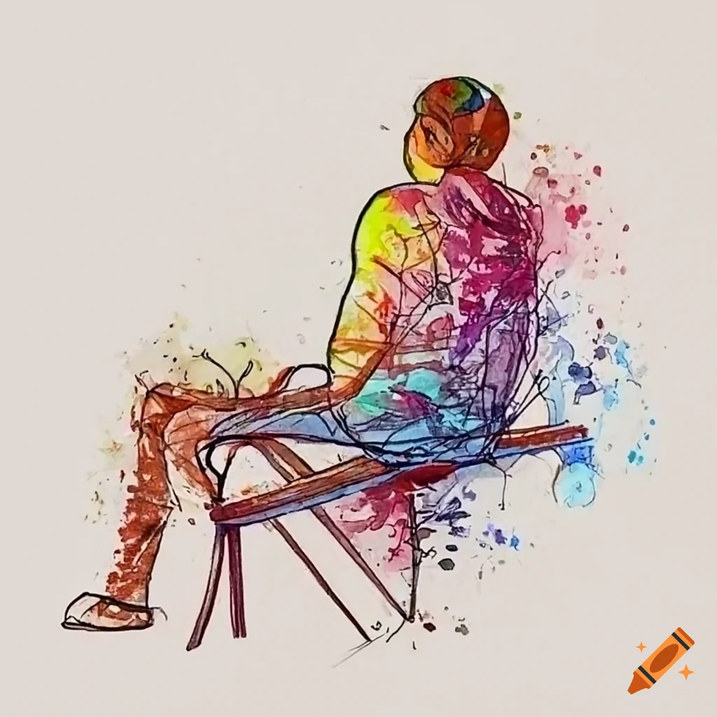 Minimalist drawing of a pensive man on a bench