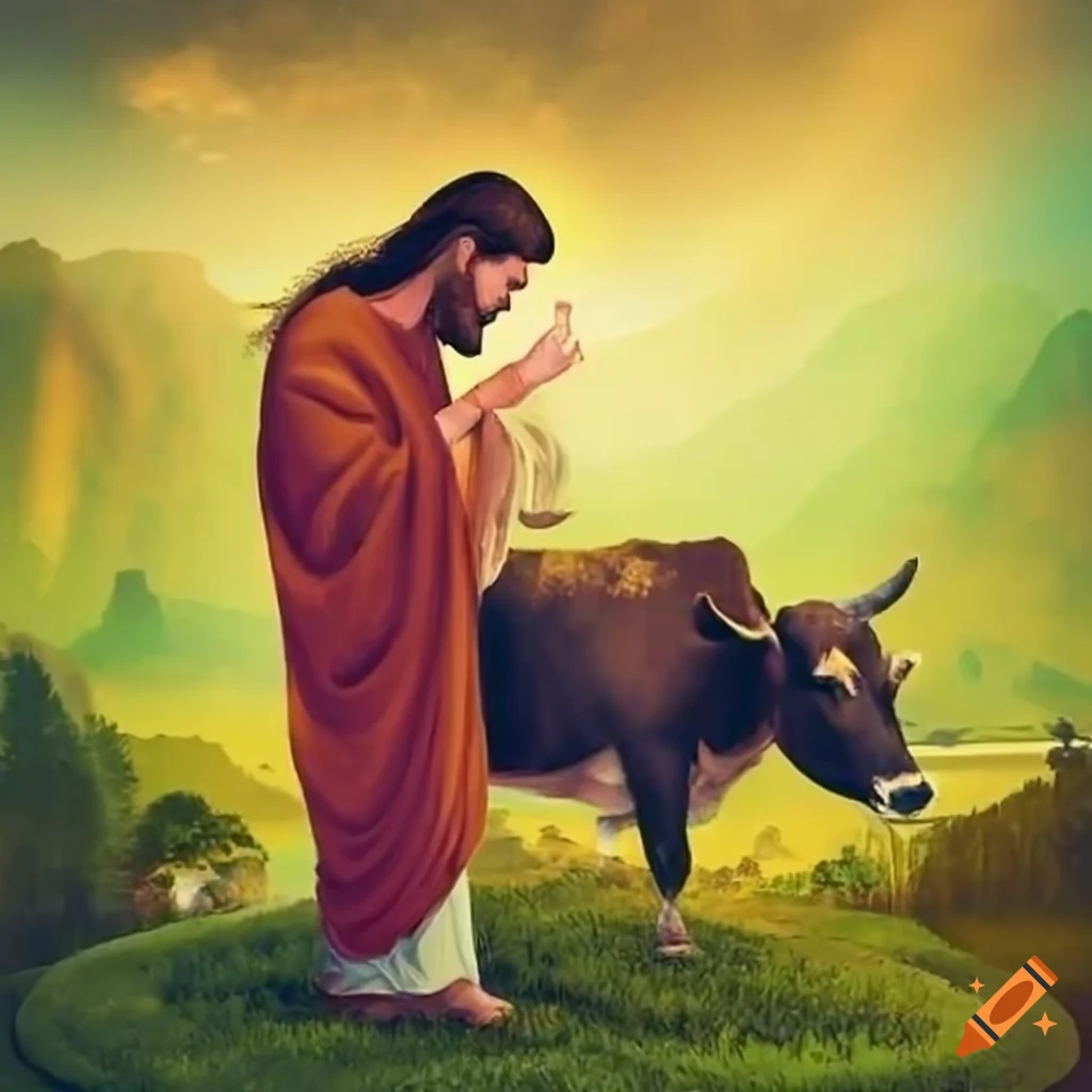 Image of Jesus with a cow in a farm on Craiyon