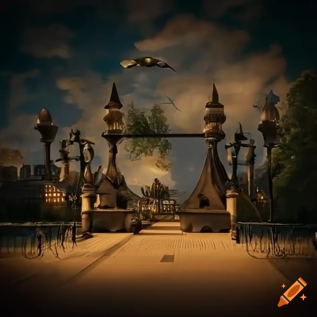 Surrealistic urban park with gothic and futuristic elements on Craiyon