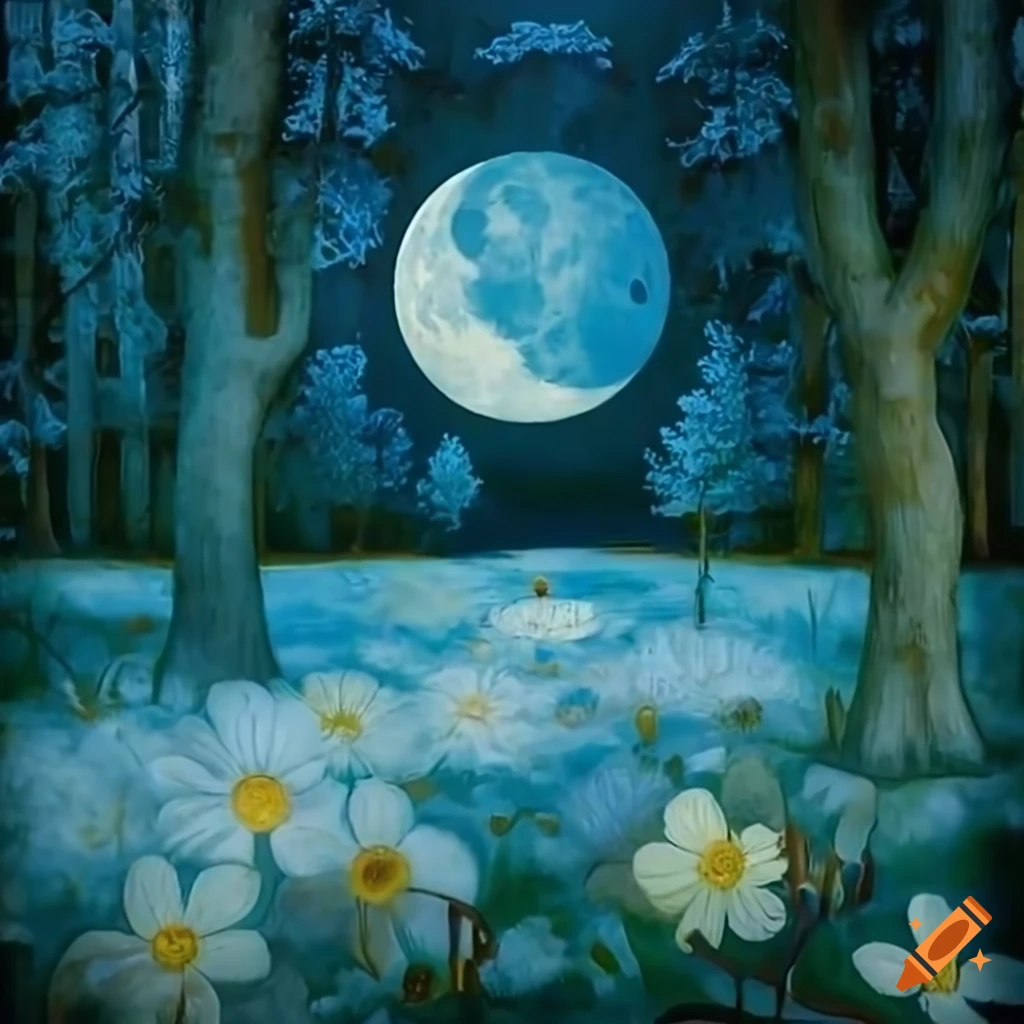 Drawing illustration style a full moon with a field of herbs, flowers ...