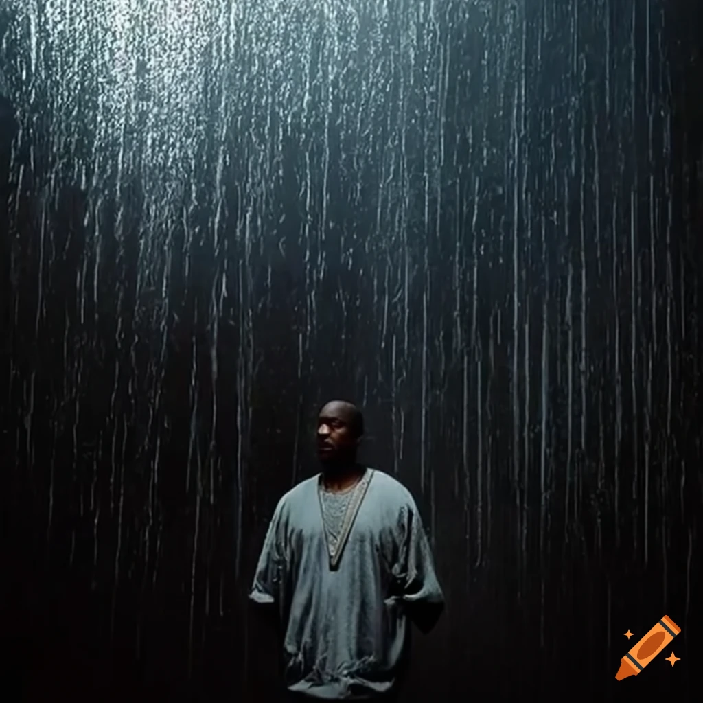 Kanye west in front of a billboard in the rain