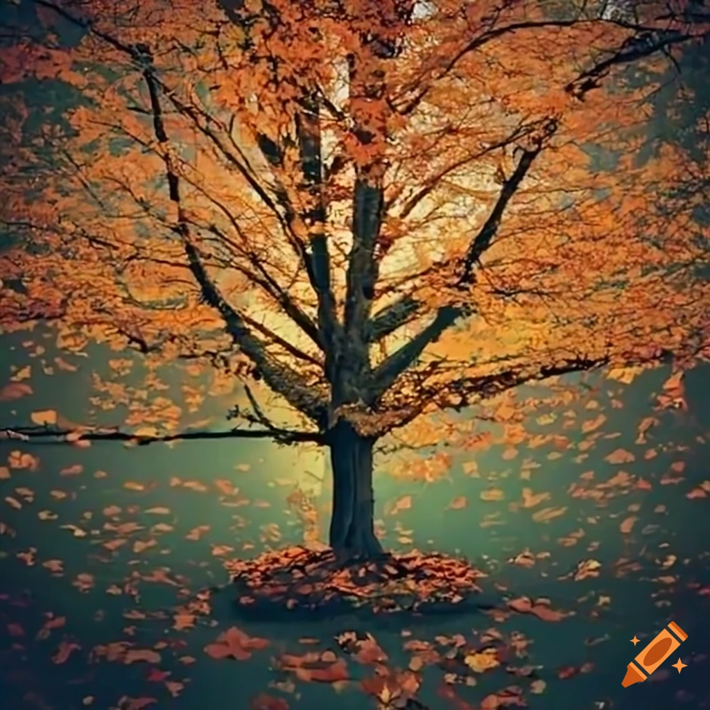 Fall tree with cascading leaves on Craiyon