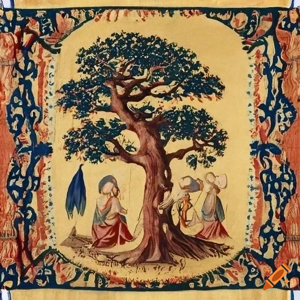 Medieval tapestry of a tree on Craiyon