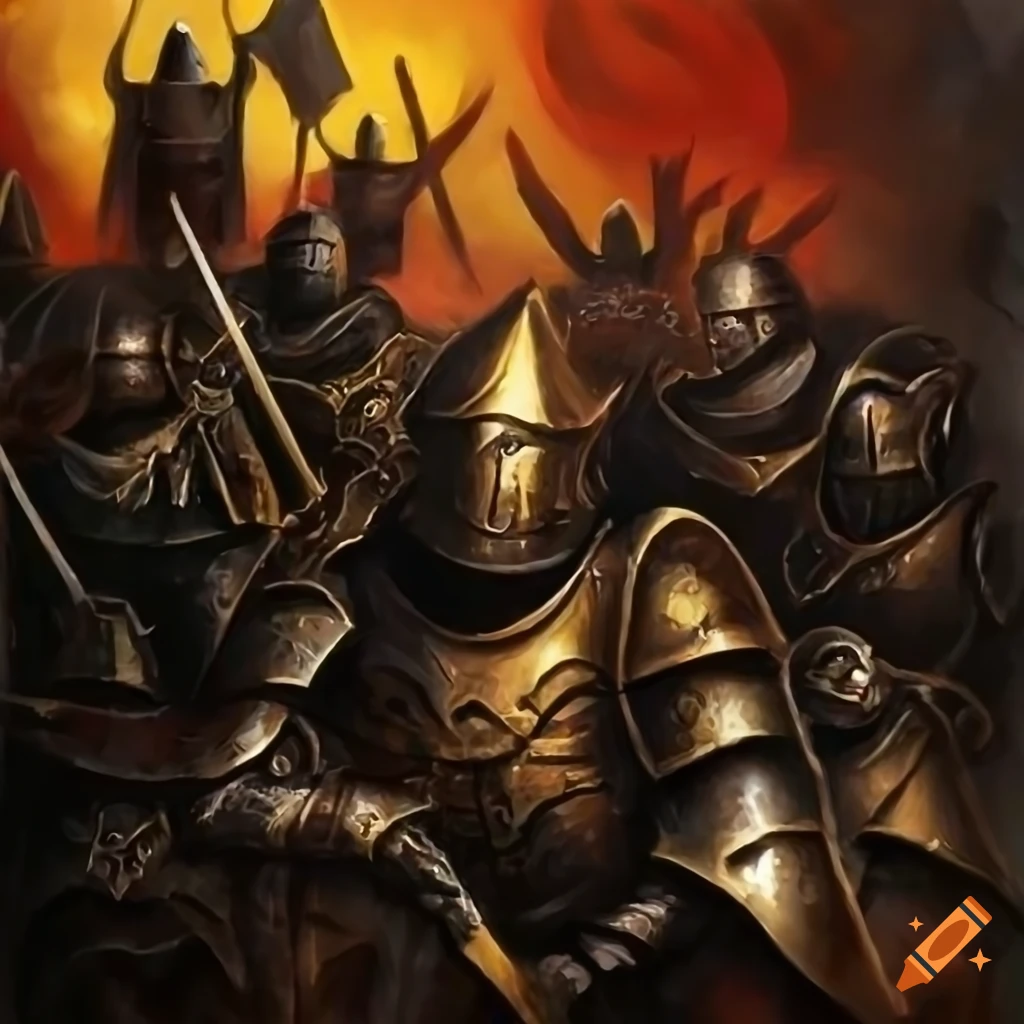 Oil painting of a group of black knights with banners on Craiyon