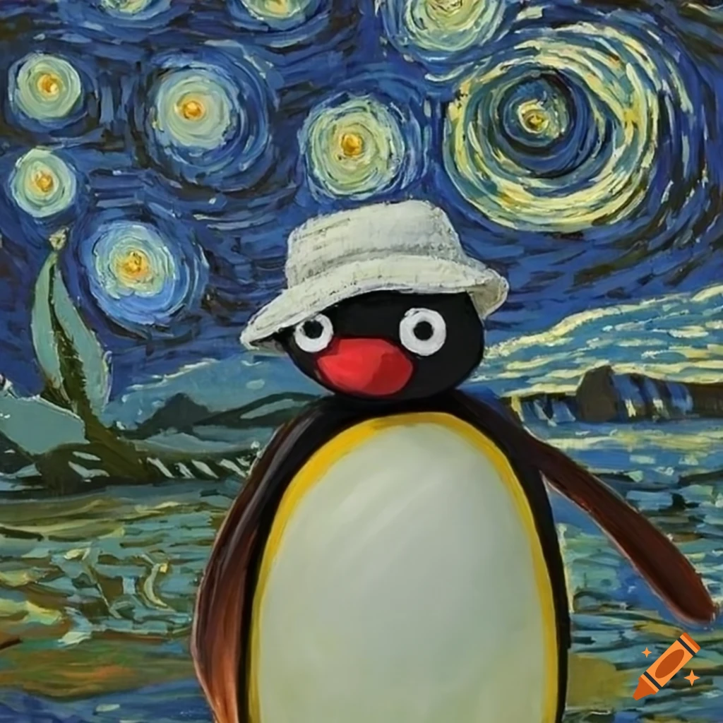 Pingu wearing a bucket hat in van gogh style on Craiyon