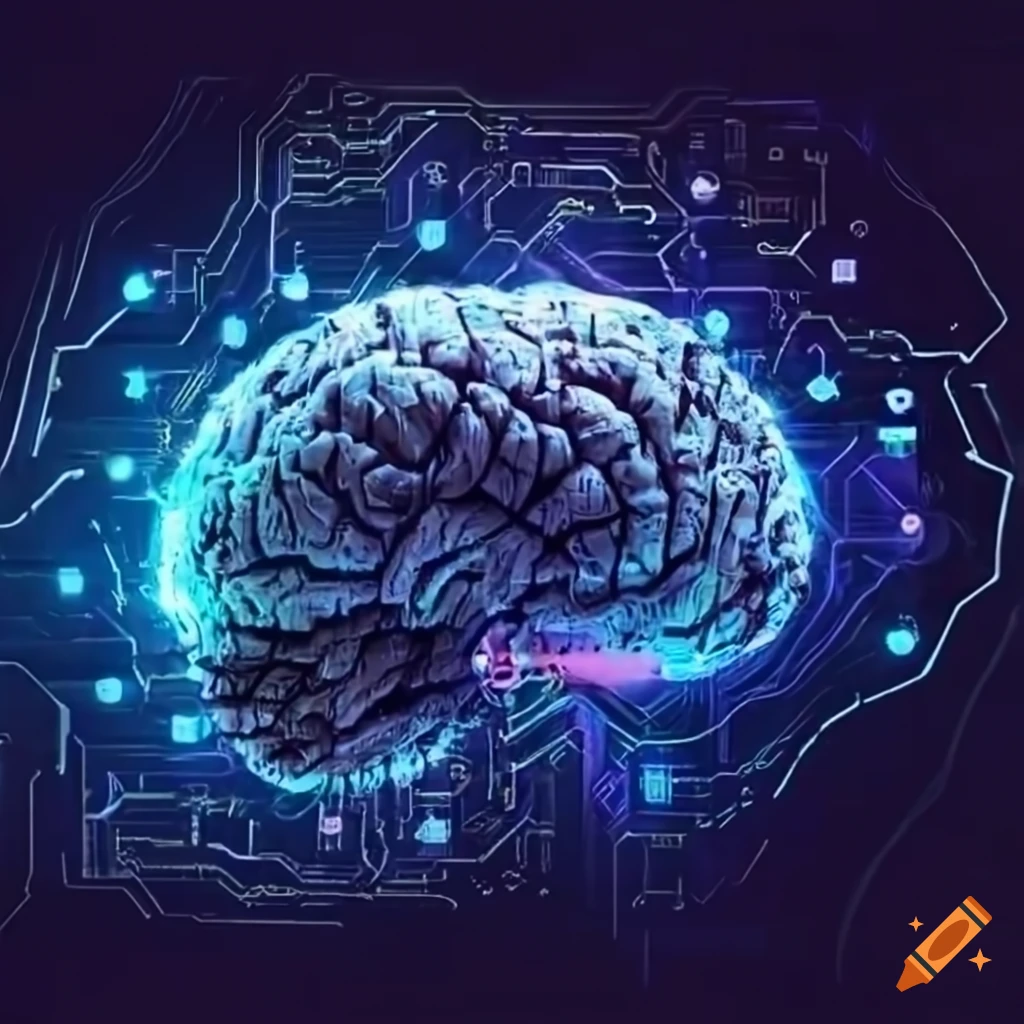 Human brain with circuit board and neural network for artificial intelligence concept on Craiyon
