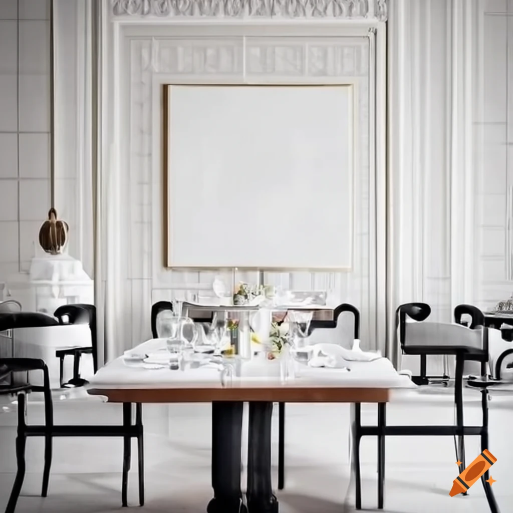 Elegant white restaurant with contemporary art on Craiyon