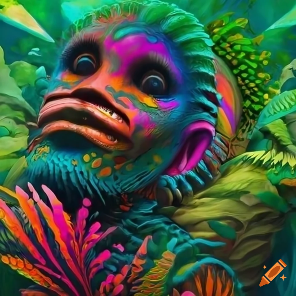Surreal jungle filled with vibrant colors and exotic creatures