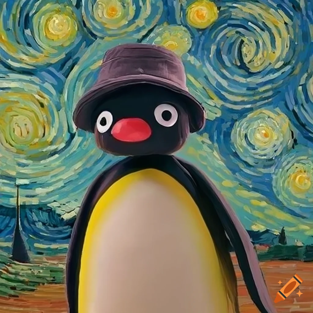 Pingu wearing a bucket hat in the style of van gogh on Craiyon
