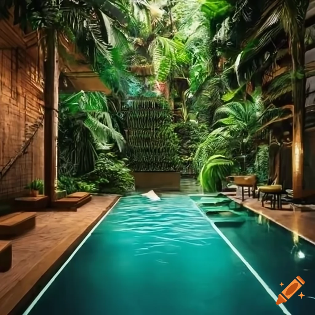 Realistic pool room with tropical plants and vines on Craiyon