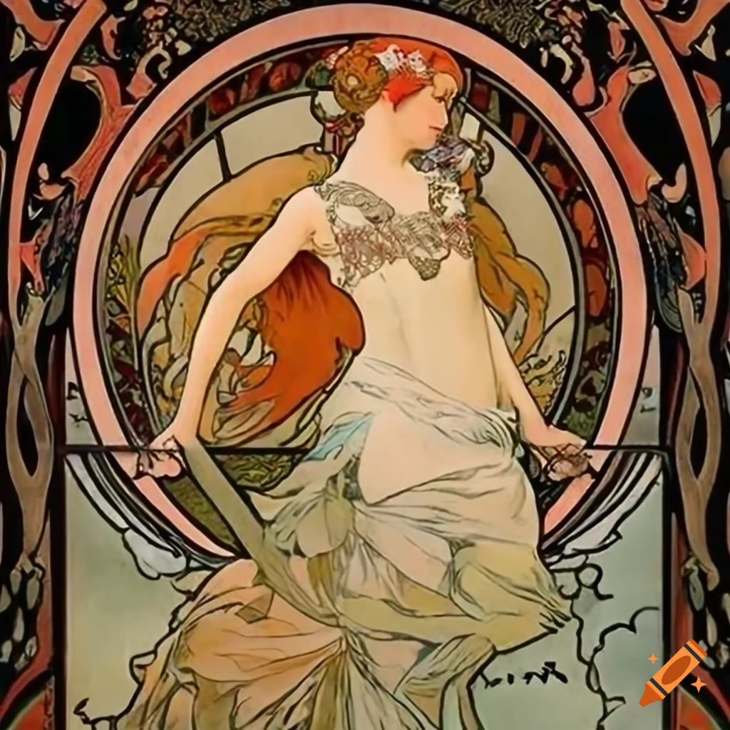 Alphonse Mucha artwork of two angels with wings on Craiyon