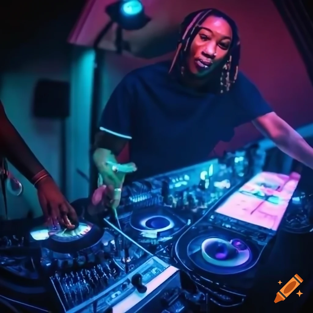 Ultra hd image of digga d playing dj decks on Craiyon