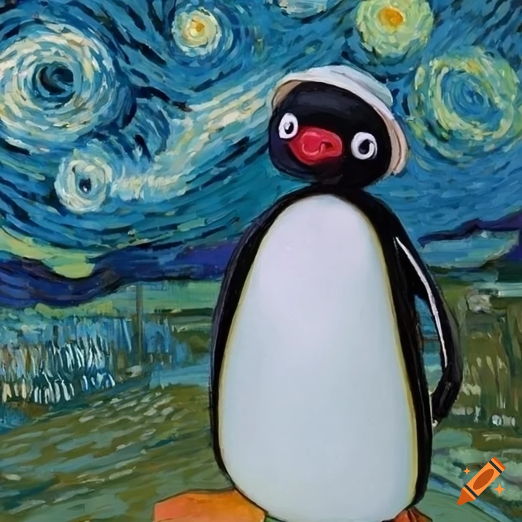 Pingu wearing a bucket hat in van gogh style on Craiyon