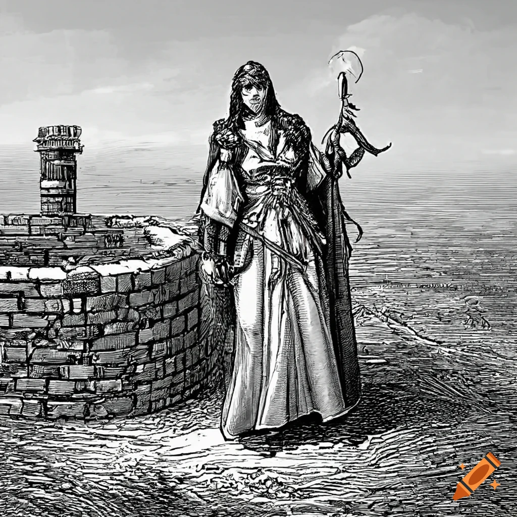 Detailed black inking illustration of a female rogue cleric near a ...