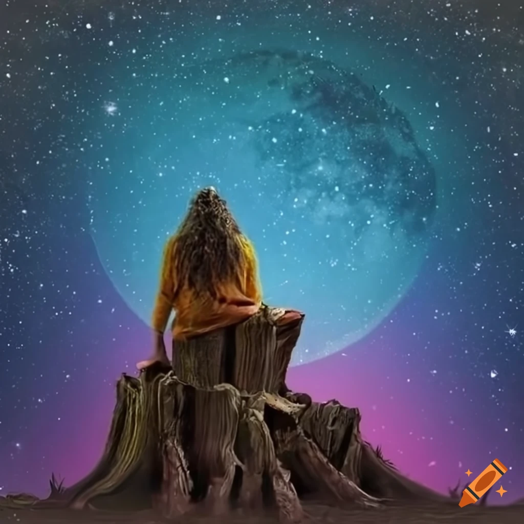 Album cover featuring a man sitting on a tree stump under the stars on ...