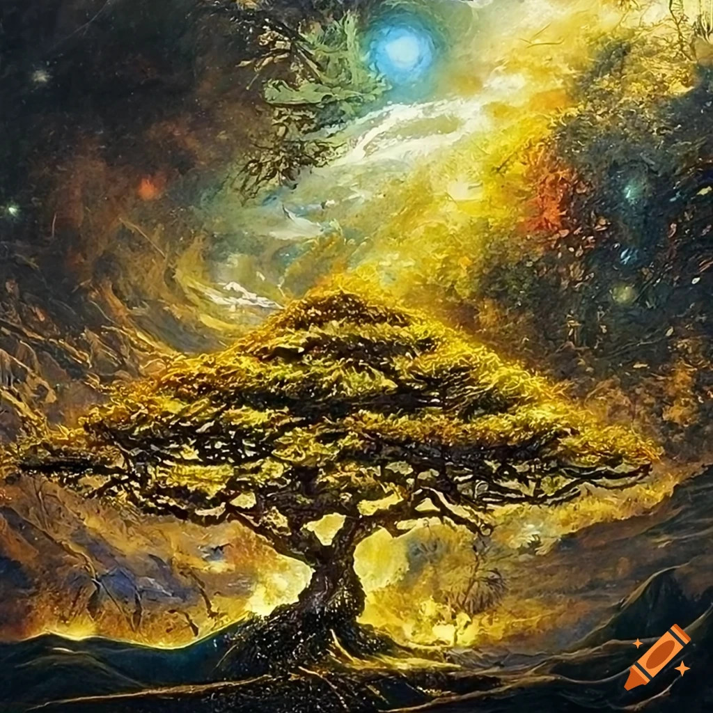 Galactic gold colored bonsai tree artwork on Craiyon