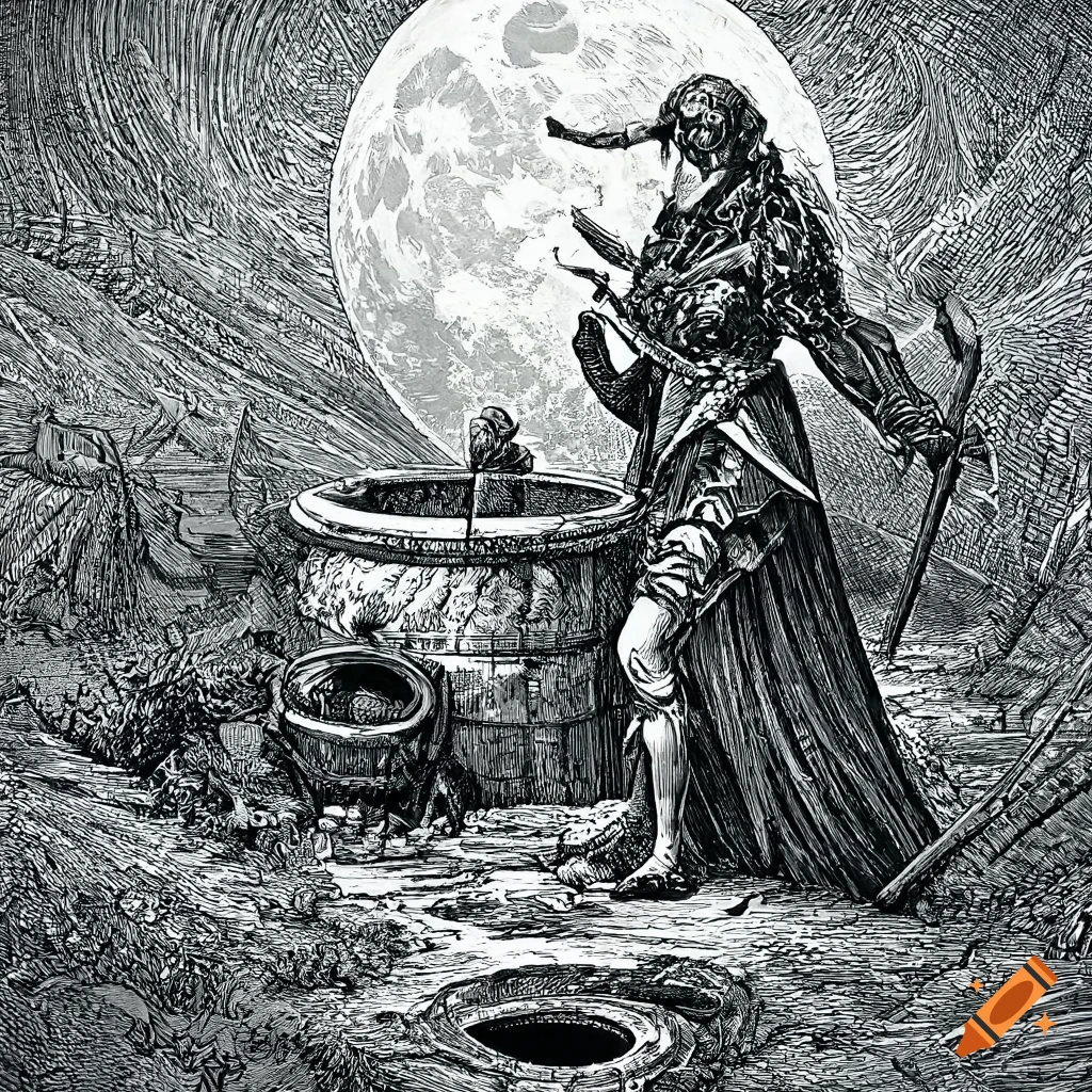 Detailed illustration of a female rogue near a brick cauldron well