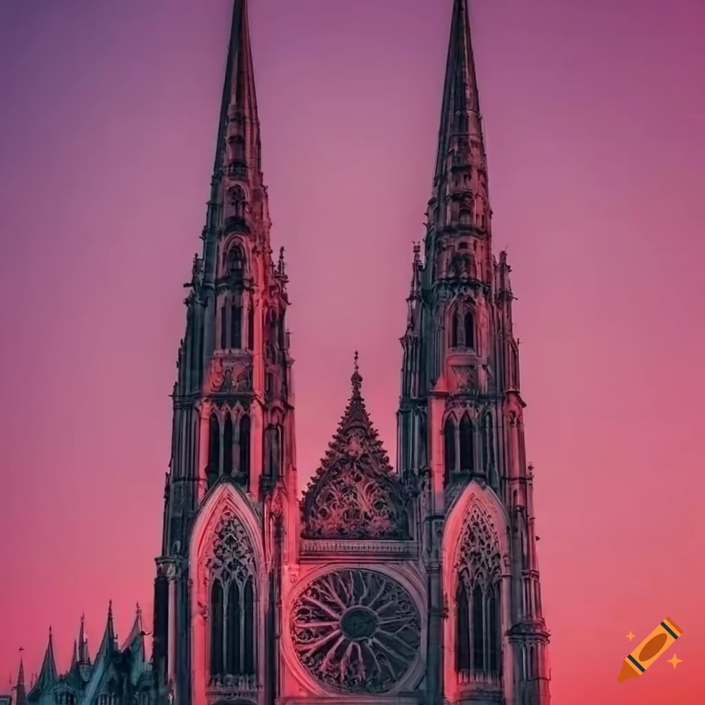 Pink sunset over a gothic cathedral in a city skyline on Craiyon