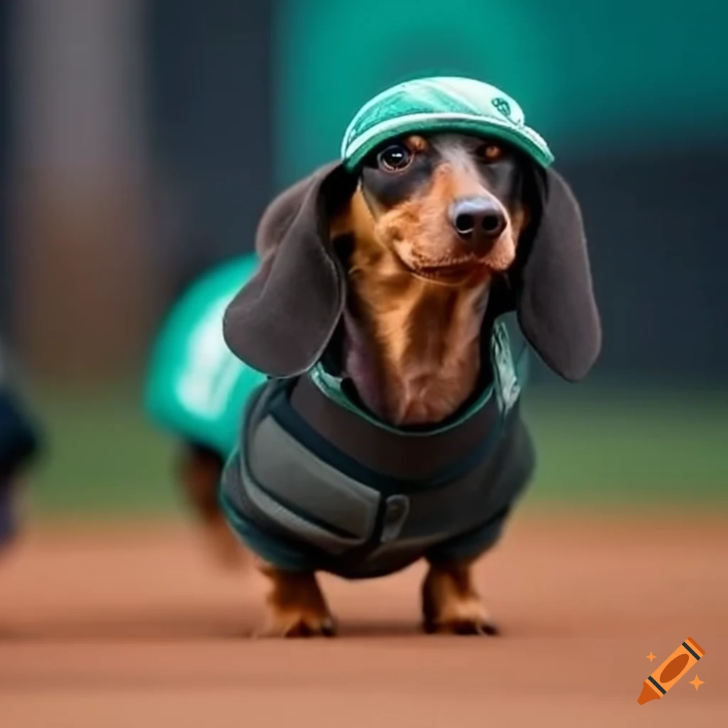 Dachshund dog in a seattle mariners baseball uniform