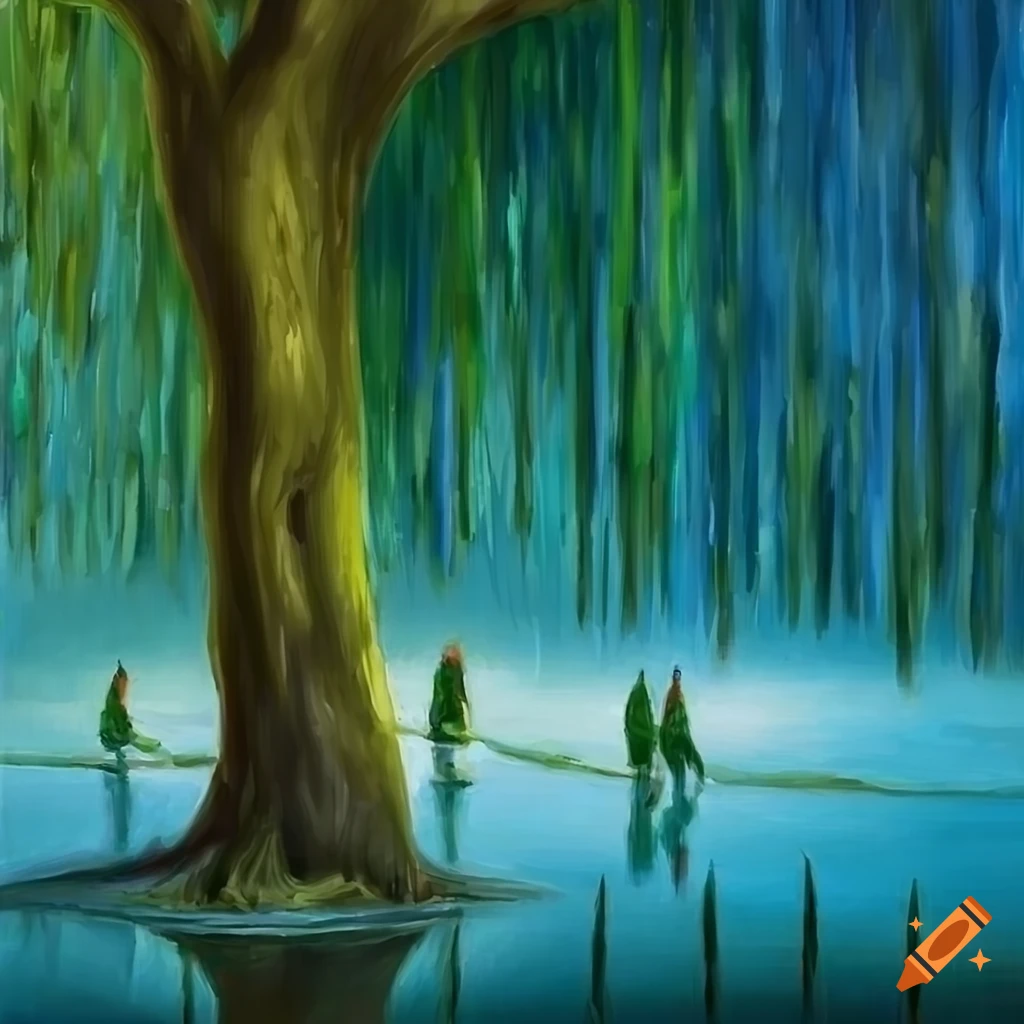 Fantasy oil painting of marching elves under a blue tree on Craiyon