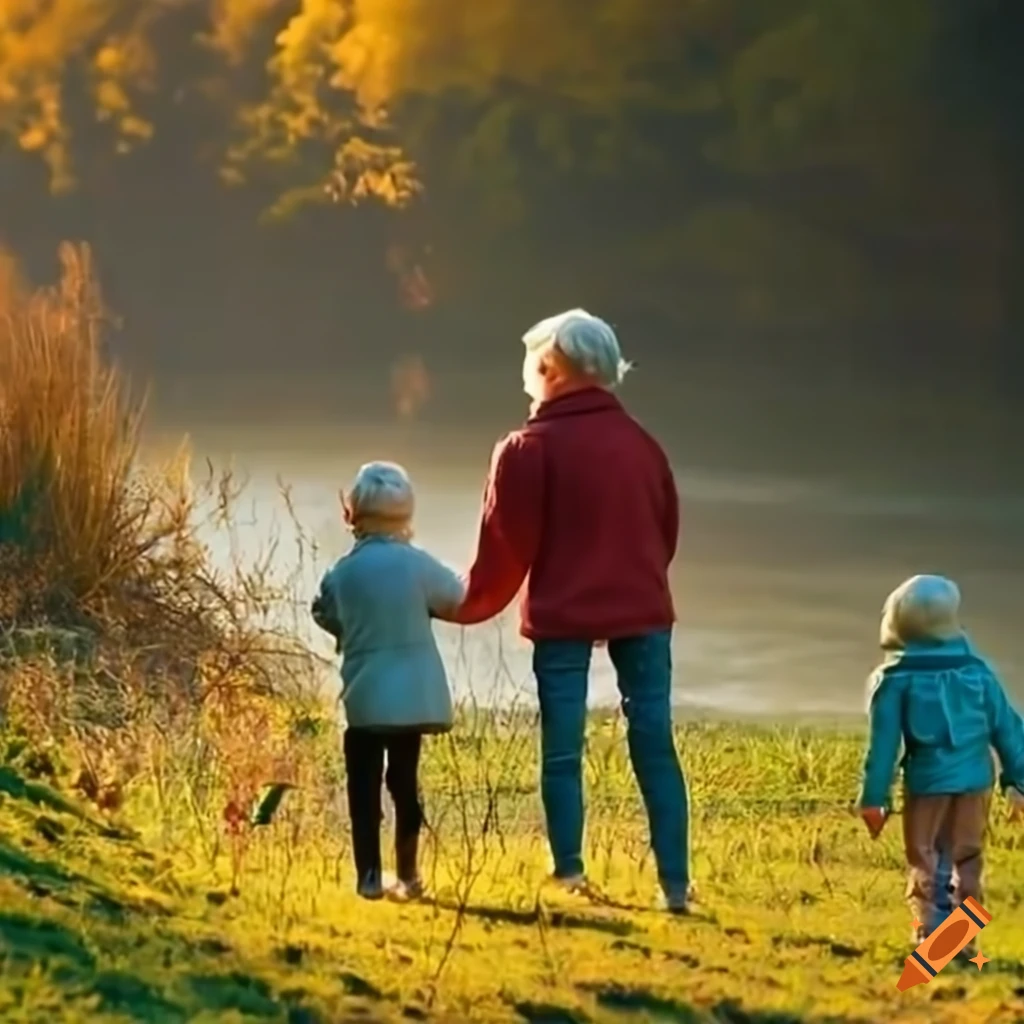 Multi-generational family enjoying nature by the river on Craiyon