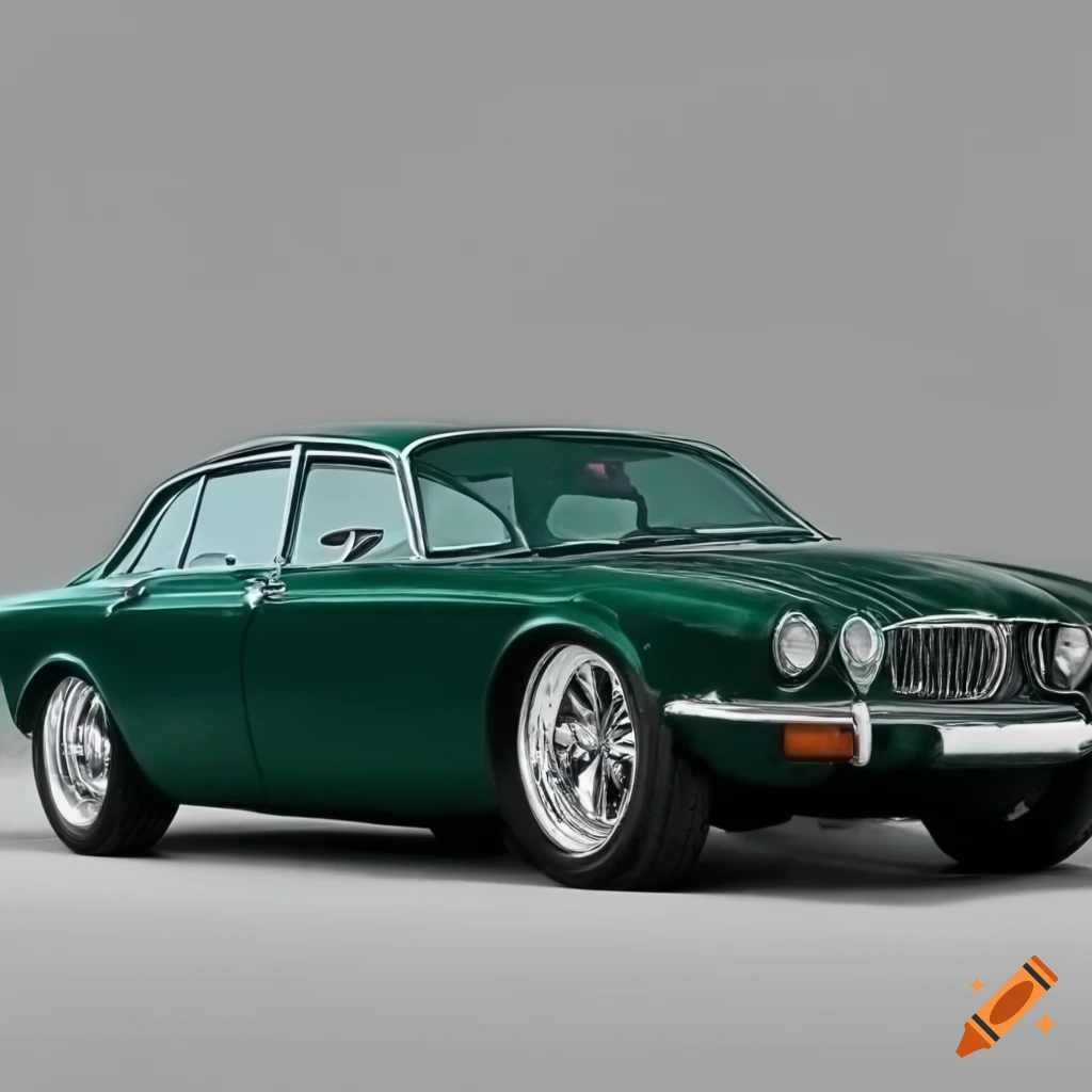 Dark green 1970 jaguar xj with silver wheels on Craiyon
