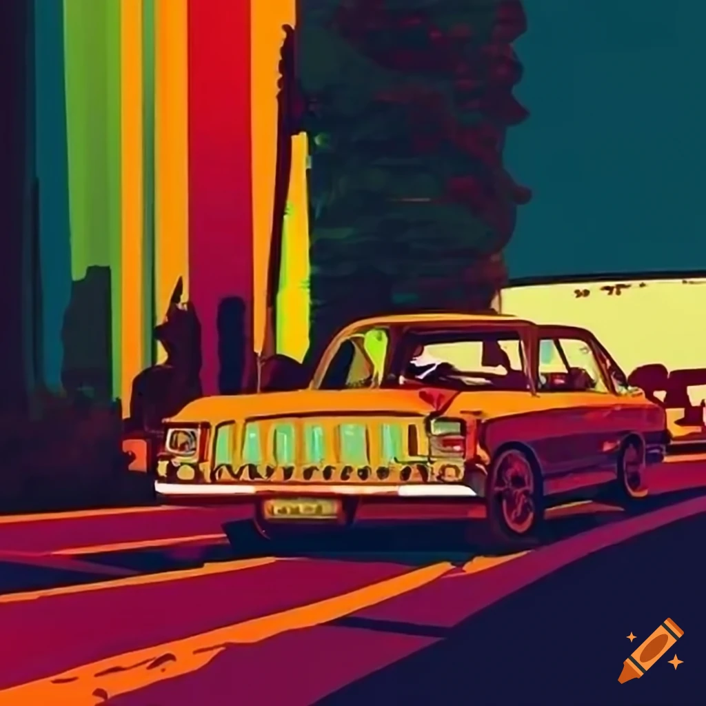 Car cruising on highway near the beach in pop art style on Craiyon