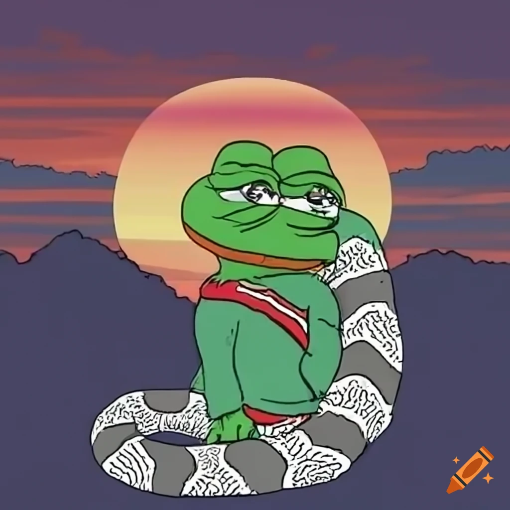 Satirical image of Pepe frog hugging a snake at sunset on Craiyon
