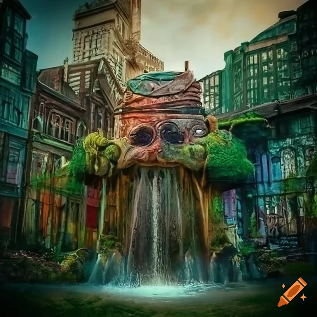 Surreal city park with magical elements on Craiyon