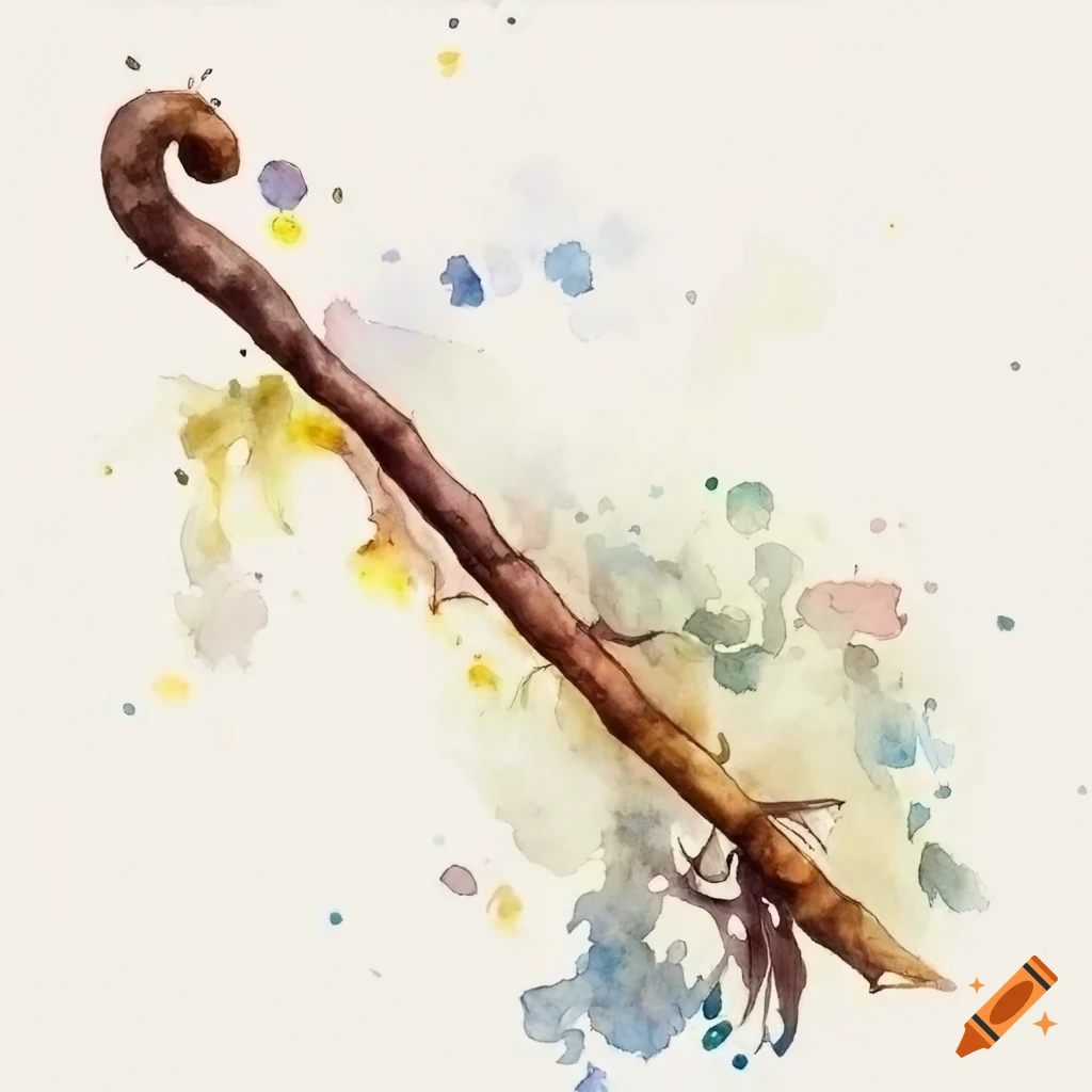 Detailed watercolor painting of a magical wooden staff