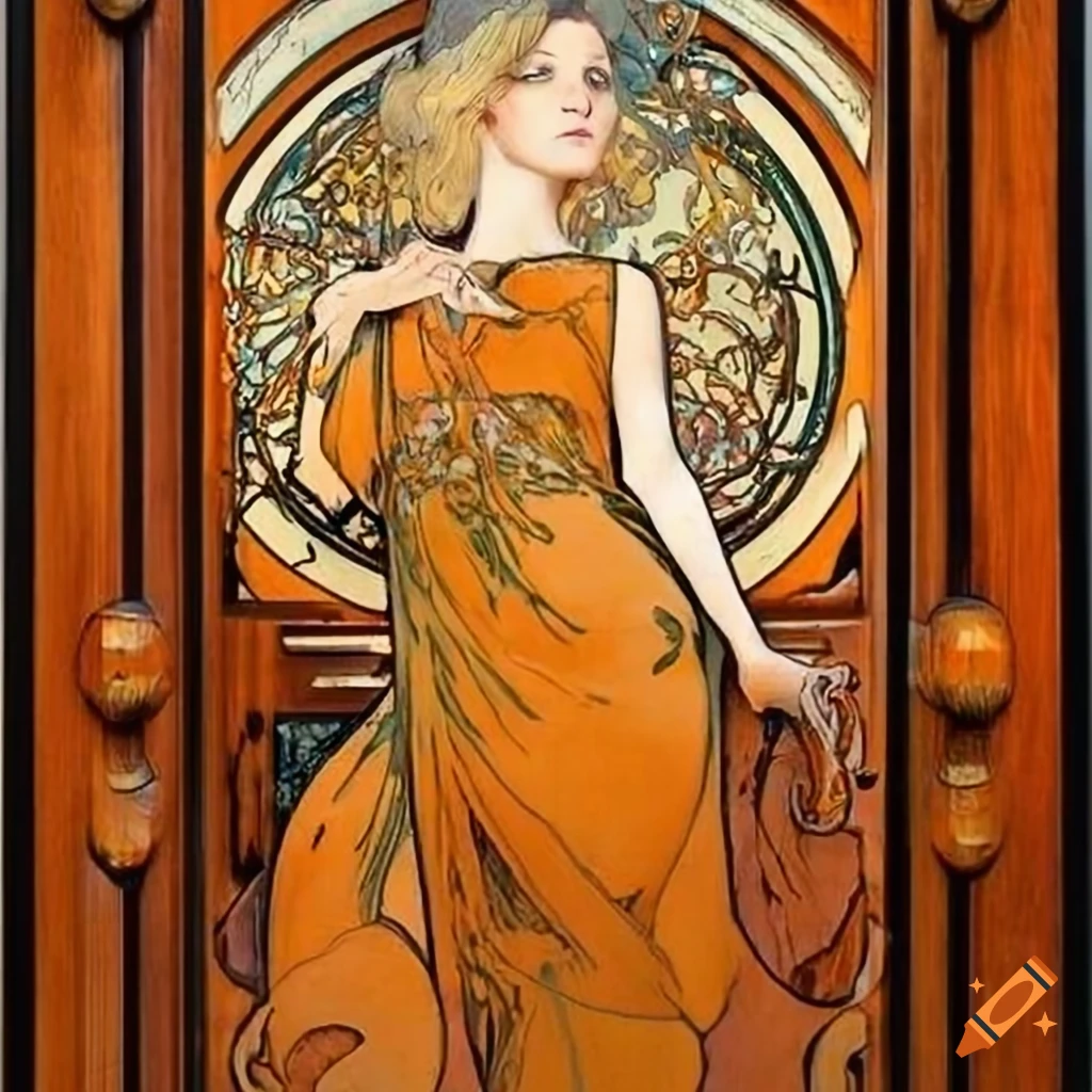 Hyper realistic depiction of an intricate Art Nouveau wooden door on ...