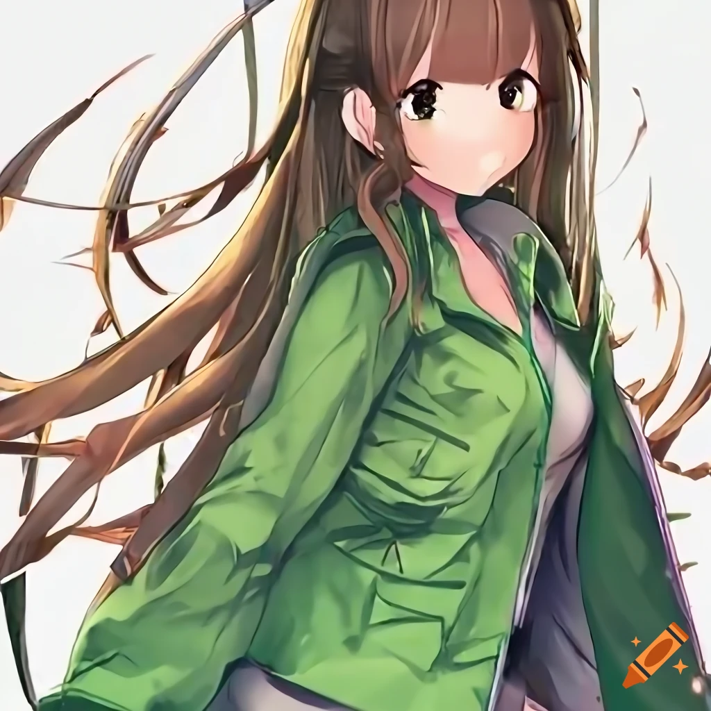 Render of an anime girl in green jacket on Craiyon