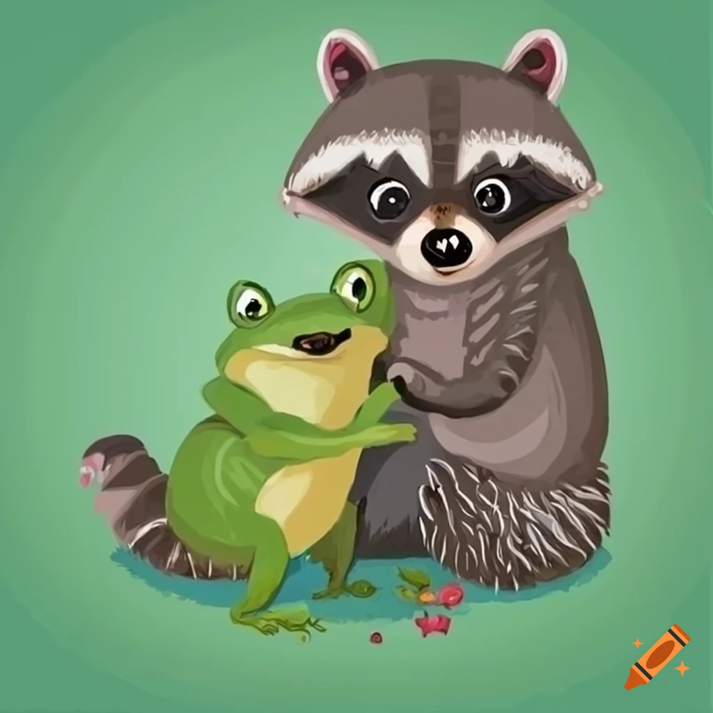 Illustration of a raccoon hugging a frog on Craiyon
