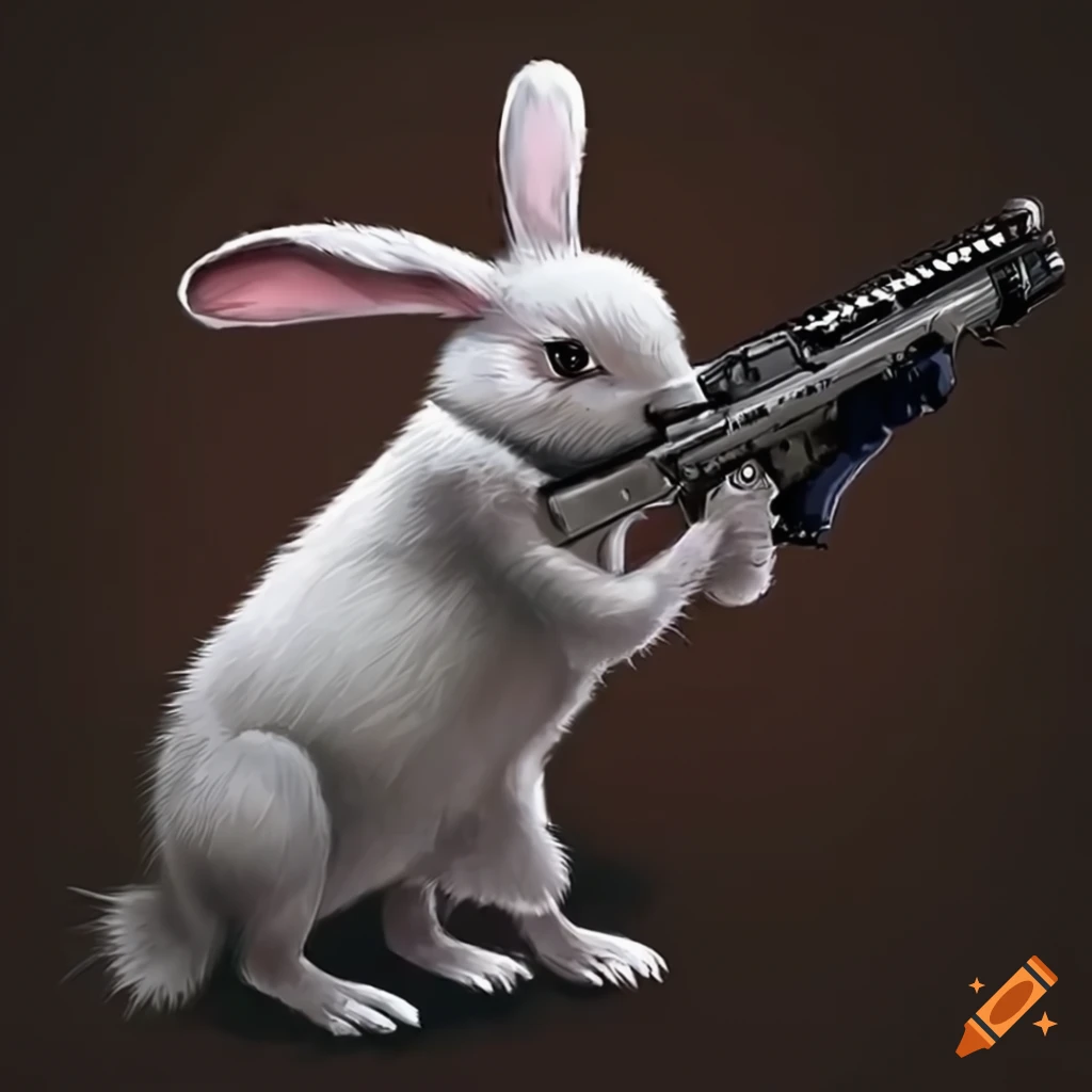 Cartoon drawing of a white rabbit with an ar-15 on Craiyon