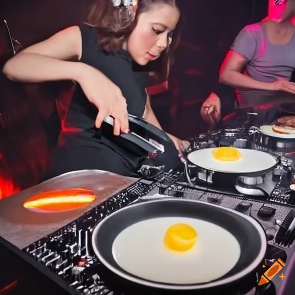 DJ in a club frying breakfast on the decks on Craiyon